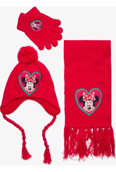 Koton Kids Kız Çocuk Minnie Desenli Atkı Takım Kırmızı