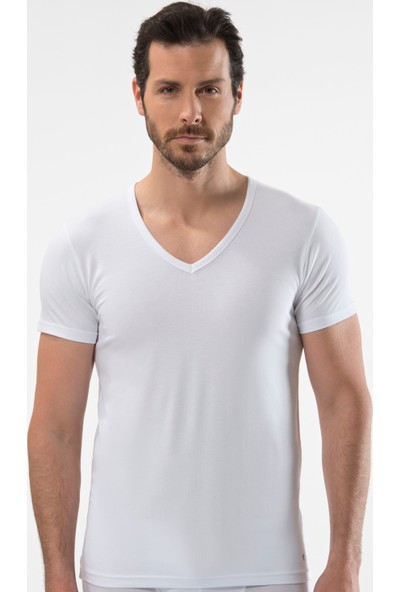 Cacharel 1306 V Yaka Kısa Kollu Erkek T-Shirt - Beyaz