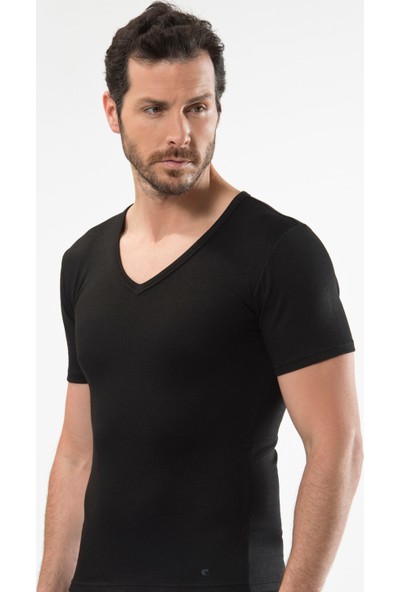 Cacharel 1602 Erkek Termal Erkek Kısa Kol Erkek V Yaka - Siyah