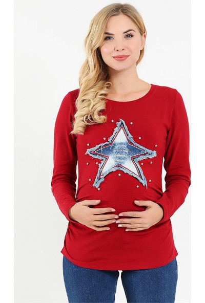Gör&Sin Yıldız Baskılı Taşlı Uzın Kol Hamile Tshirt Bordo