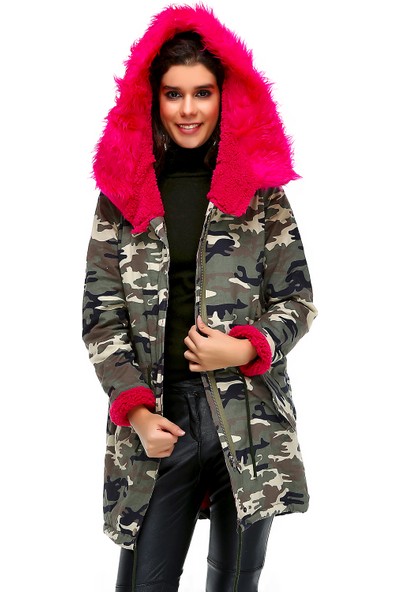 Bonalodi Fuşya Peluş Kapşonlu Kamuflaj Kadın Parka Bonalodi Fuşya Peluş Kapşonlu Kamuflaj Kadın Parka