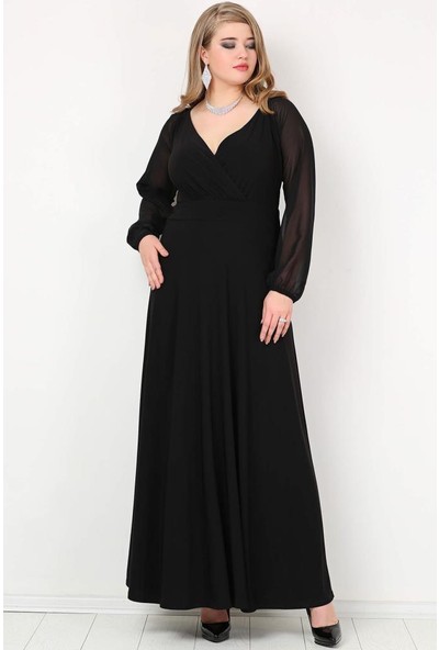 Kl59S Büyük Beden Abiye Kolları Şifon Uzun Abiye Elbise Siyah