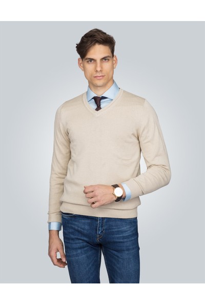 Tudors V Yaka Krem Basic Pamuk Erkek Kazak