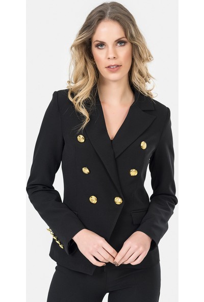 İroni Altın Düğmeli Siyah Blazer Ceket - 6450-891 Siyah İroni Altın Düğmeli Siyah Blazer Ceket - 6450-891 Siyah