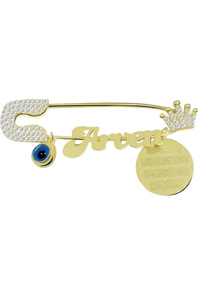 Vaoov 925 Ayar Gümüş Nazar Boncuklu Taçlı İsimli Bebek İğnesi