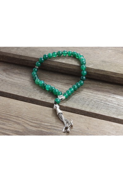 Ejoya Doğal Yeşil Akik Taşlı Gümüş Tesbih