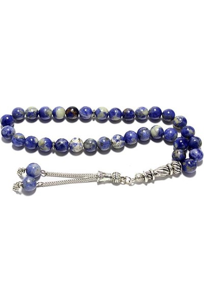 Gümüş Ada Naturel Sodalid Taşlı Damarlı Mavi Tesbih