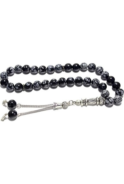 Gümüş Ada Doğal Opsidyen Taşlı Gri Siyah Şık Tesbih