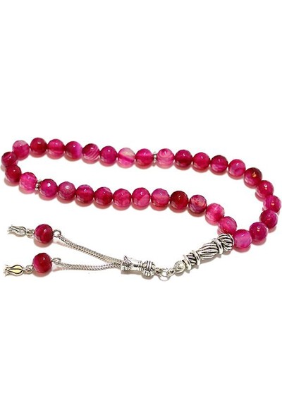 Gümüş Ada Karışık Nar Rengi Kalsedon Tesbih