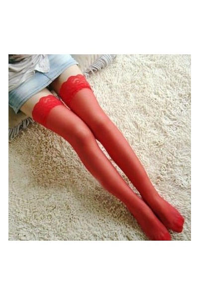 Merry See Kırmızı Düz Silikonlu Dantelli Jartiyer Çorap