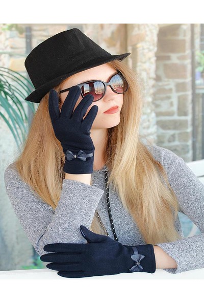 Nealirsak Lacivert Fiyonk Detaylı Bayan Dokunmatik Eldiven
