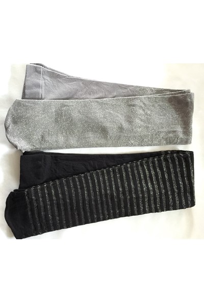 İstediğim Çorap Lurex Çocuk Külotlu Çizgili Siyah Ve Parlak Gümüş 2'Li Paket 9 - 10 Yaş