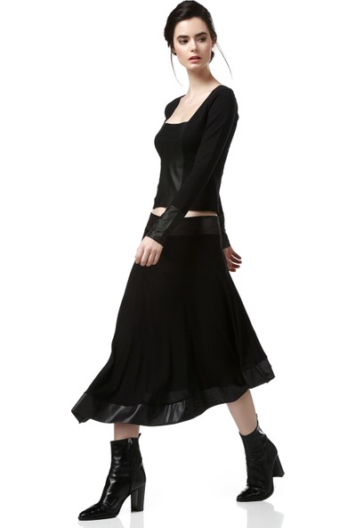 Quincey Kadın Siyah Deri Garnili Etek Ek2296