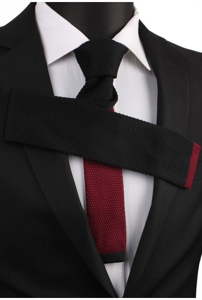 La Pescara Siyah Düz Bordo Detaylı Örgü Kravat 8199