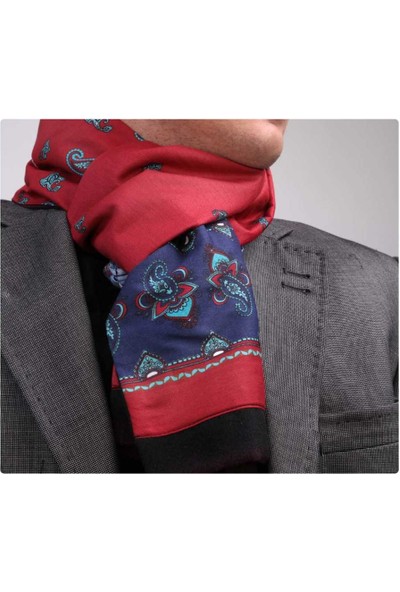 Exve Exclusive Mavi Şal Desenli Kırmızı Çift Taraflı Atkı