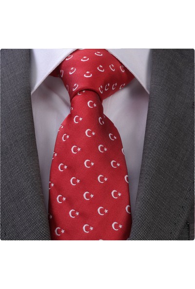 Exve Exclusive Beyaz Ay Yıldızlı Kırmızı Bayrak Kravat