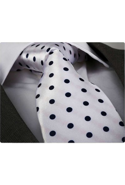 Exve Exclusive Siyah Puantiyeli Beyaz Kravat