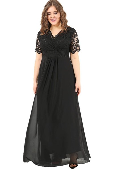 Angelino Butik Dd793 Üstü Güpür Şifon Büyük Beden Abiye Elbise Siyah