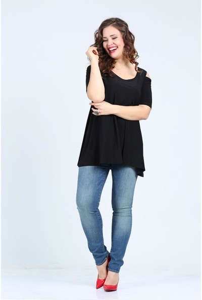 Angelino Butik Büyük Beden Omuzları Yırtmaçlı Bluz Siyah Kl1101B