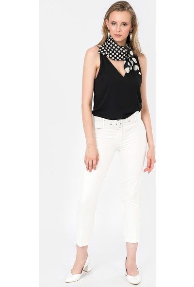 İroni Kemerli Ekru Dar Paça Pantolon - 1695-891 Ekru
