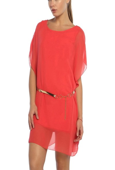 Obirtrend 3043 - Narçiçeği Tül Detaylı Bel Kemerli Kadın Elbise