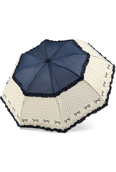Almera Konsept Şemsiye Çift Fırfırlı Lacivert Krem Puantiyeli 214