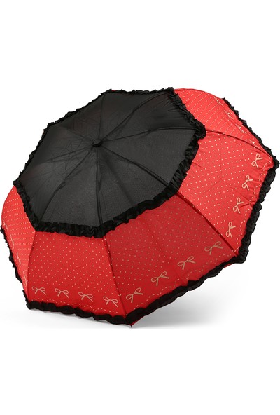 Almera Konsept Şemsiye Çift Fırfırlı Siyah Kırmızı Puantiyeli 214