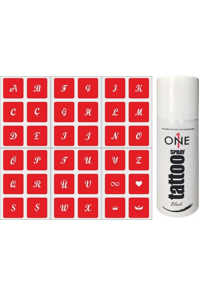 One Spray Tattoo Alfabebe El Yazısı Harf Geçici Dövme Seti Siyah Sprey Ve Desen One Spray Tattoo Alfabebe El Yazısı Harf Geçici Dövme Seti Siyah Sprey Ve Desen