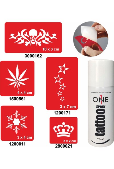 One Spray Tattoo Kurukafa Taç Tattoo Geçici Dövme Seti Siyah Sprey Ve 5 Desen One Spray Tattoo Kurukafa Taç Tattoo Geçici Dövme Seti Siyah Sprey Ve 5 Desen