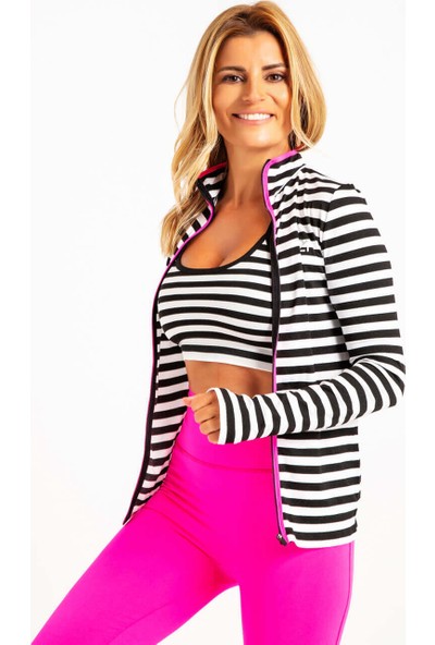 Fit21 Siyah Beyaz Çizgili Sweatshirt Neon Pembe Şerit Fit21 Siyah Beyaz Çizgili Sweatshirt Neon Pembe Şerit