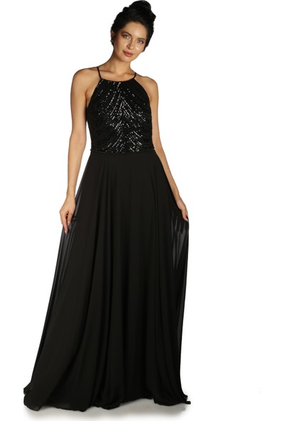 Pierre Cardin Siyah Askılı Pul Payetli Uzun Abiye Elbise