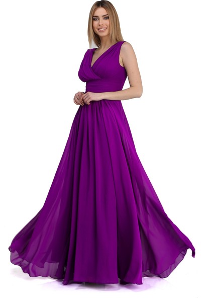 Carmen Fuşya Şifon V Yaka Uzun Abiye Elbise