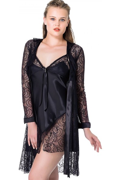 NBB 3928 Saten Dantelli Gecelik Sabahlık Takımı Siyah NBB 3928 Saten Dantelli Gecelik Sabahlık Takımı Siyah