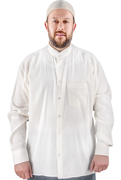 İhvan Hac Umre Kıyafeti Hakim Yaka Şile Bezi Gömlek Krem - 1143