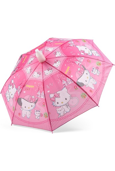 Almera Pvc Kılıflı Kız Çocuk Şemsiyesi - Happy Cat Pembe