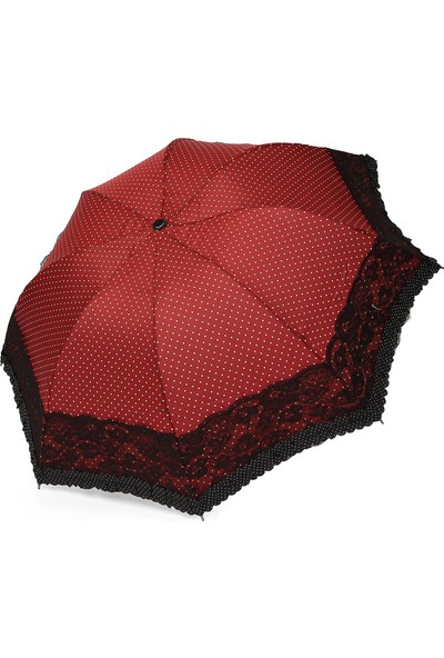 Almera Konsept Siyah Dantelli Bordo Katlanır Şemsiye