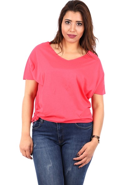 Womenice Pembe Basic V Yaka Tshirt