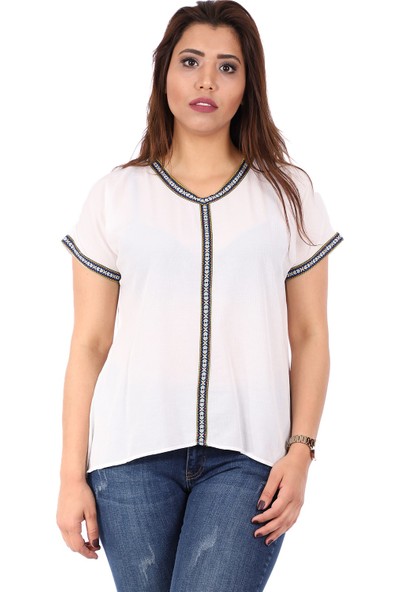 Womenice Beyaz Bant Detaylı Kısa Kol Bluz