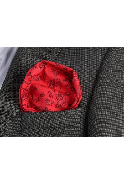 Exve Exclusive Kırmızı Siyah Şal Desen Pamuklu Yaka Cep Mendili