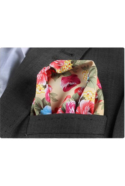 Exve Exclusive Krem Üzeri Gül Baskılı Cep Yaka Mendili