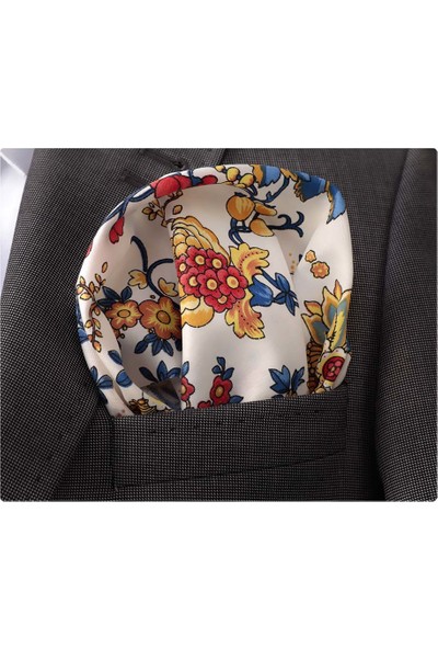 Exve Exclusive Krem Üzerine Nar Çiçek Baskı Cep Yaka Mendili