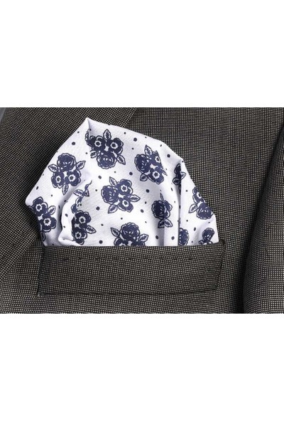Exve Exclusive Lacivert Çiçekli Beyaz Yaka Cep Mendili