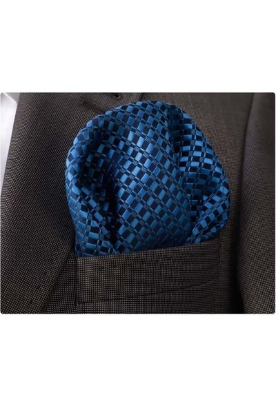 Exve Exclusive Lacivert Mavi Kareli Cep Yaka Mendili