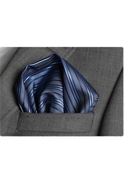 Exve Exclusive Mavi Çizgili Jakar Cep Yaka Mendili