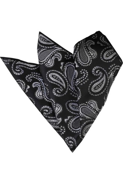 Exve Exclusive Siyah Gümüş Şal Desen Yaka Cep Mendili