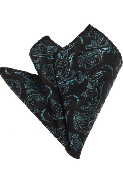 Exve Exclusive Turkuaz Şal Desen Siyah Yaka Cep Mendili