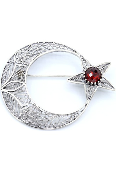 Akyüz Gümüş Ay Yıldız Telkari Gümüş Broş 054