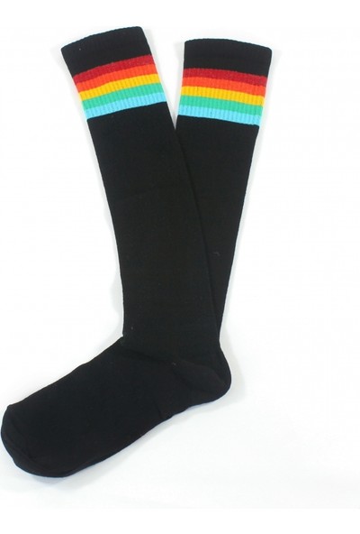 Hane14 Rainbow Renkli Çizgili Diz Altı Koton Spor Çorap Siyah