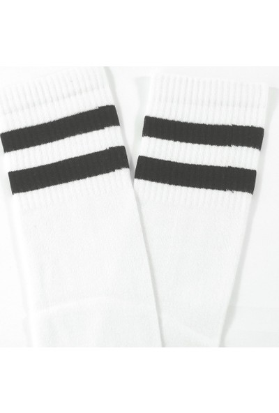 Hane14 Siyah Çizgili Diz Altı Koton Spor Çorap Beyaz