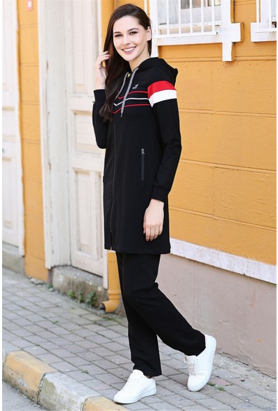 Tommy Life Siyah Kadın Kapüşonlu Çizgi Şeritli Rahat Form Klasik Paça Eşofman Tunik Takım-95175 Tommy Life Siyah Kadın Kapüşonlu Çizgi Şeritli Rahat Form Klasik Paça Eşofman Tunik Takım-95175